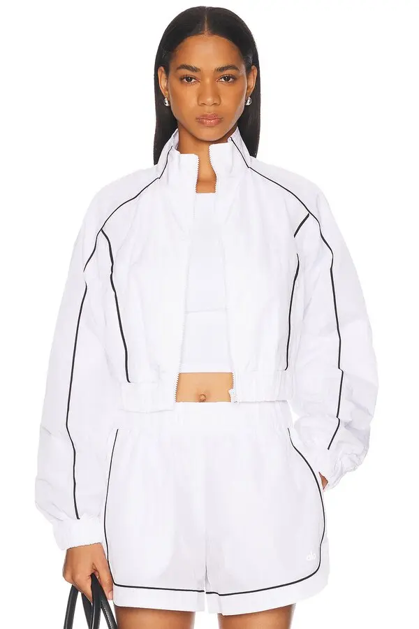 Alo Yoga Motivate Full Zip Track Jacket - White & Black | Editorialist